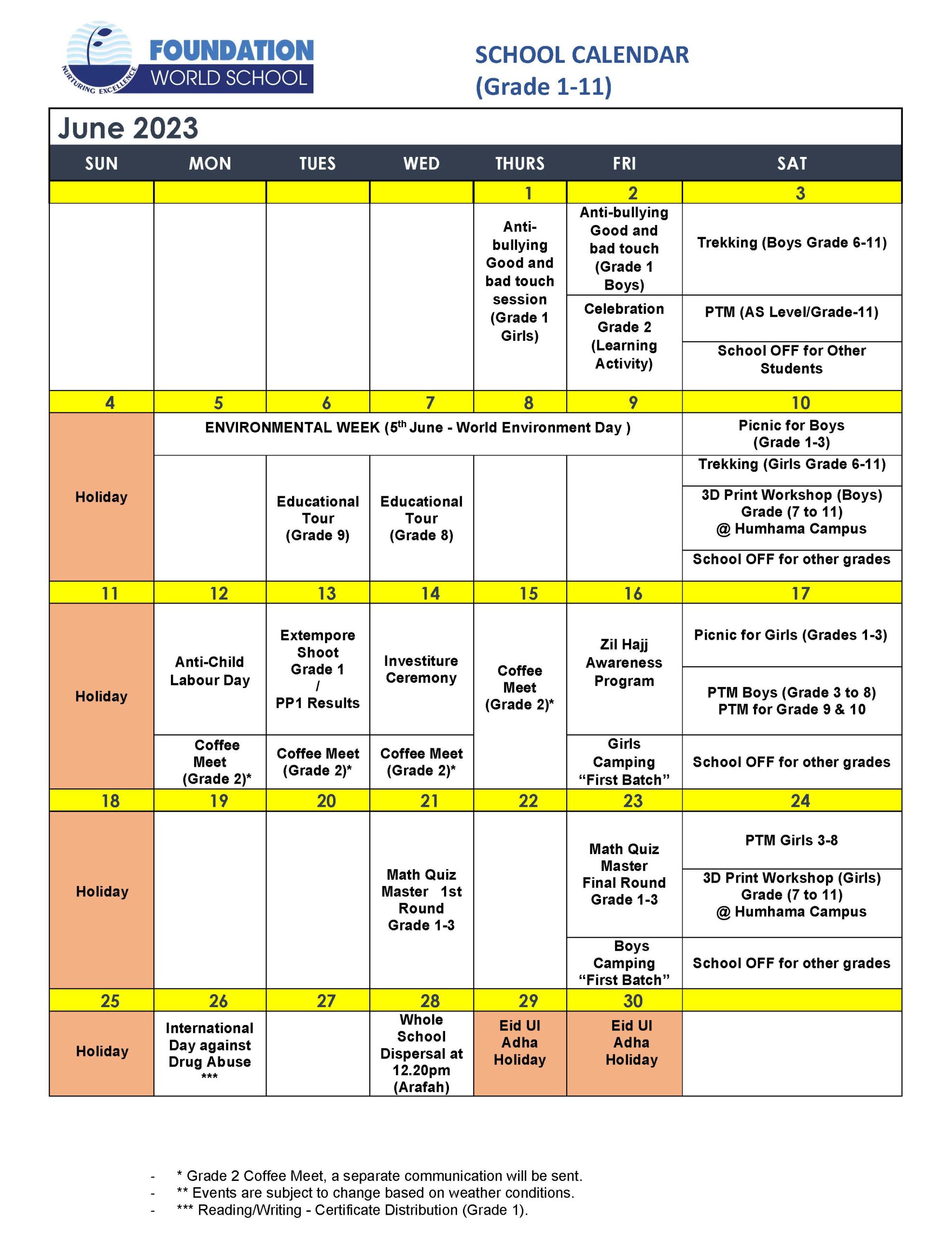 School Calendar – Foundation World School