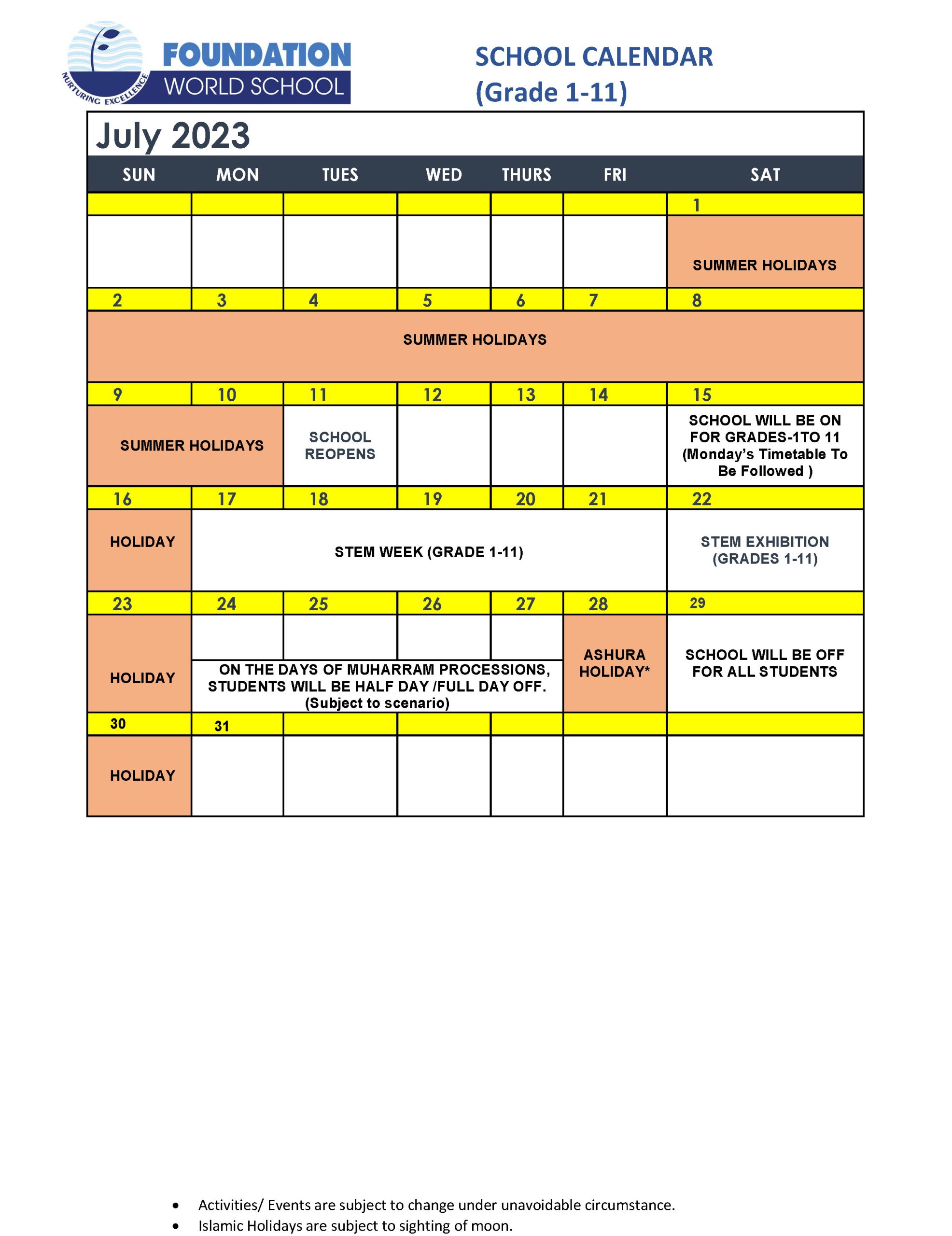 School Calendar – Foundation World School