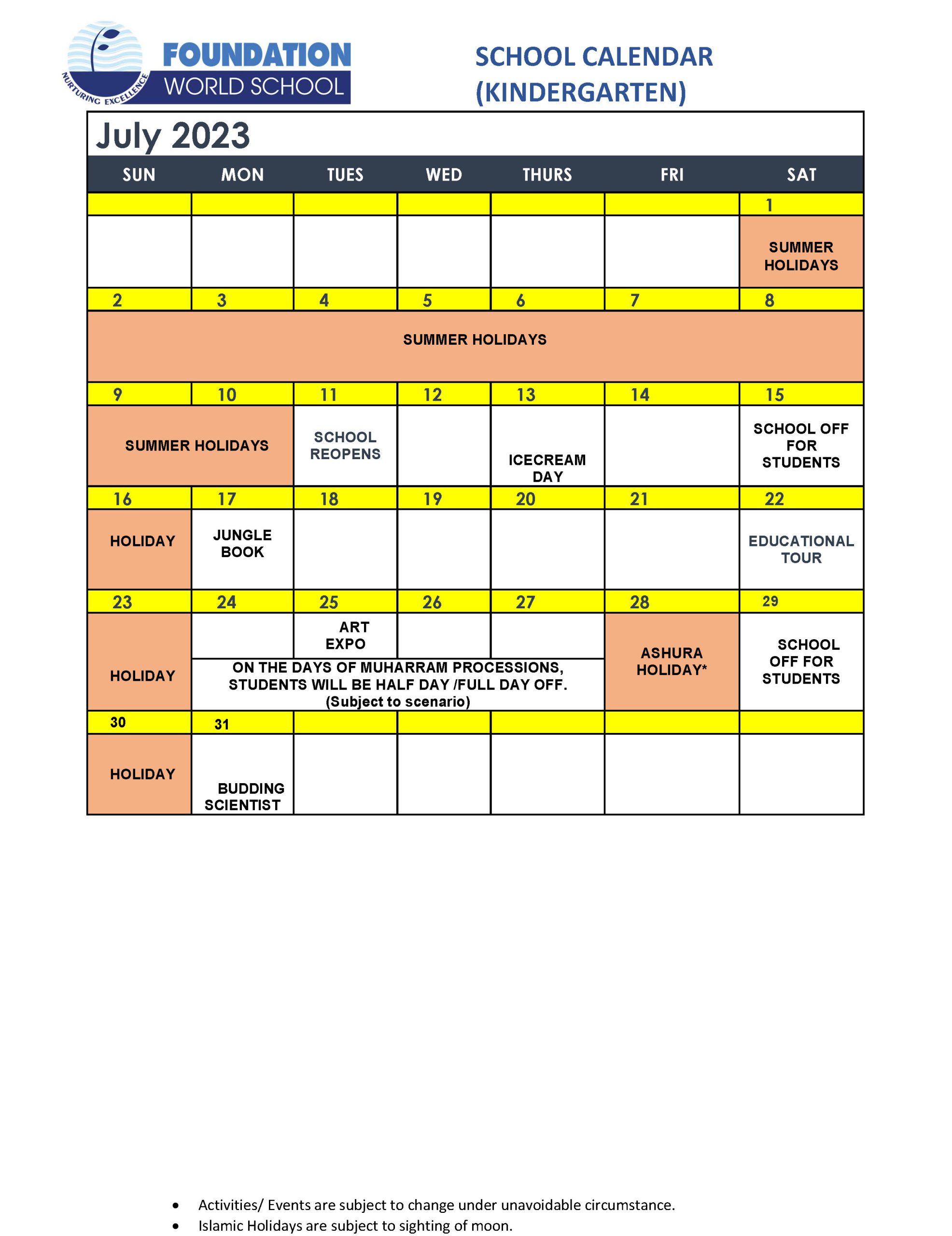 School Calendar – Foundation World School